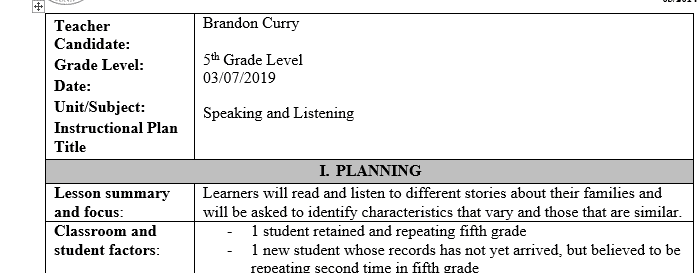 Create a lesson plan designed to meet the specific needs of the ...