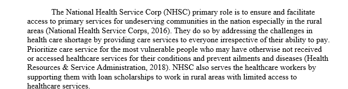 [Solved] Explain the role of the National Health Service Corp (NHSC ...
