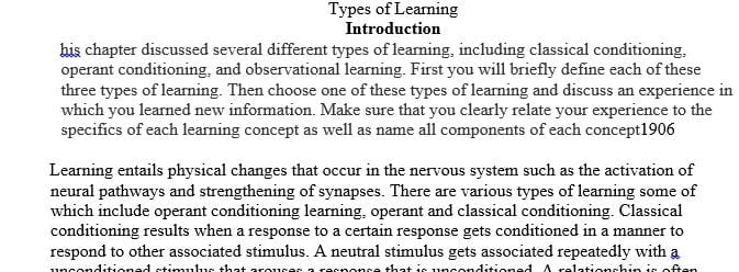 Briefly define each of these three types of learning ...
