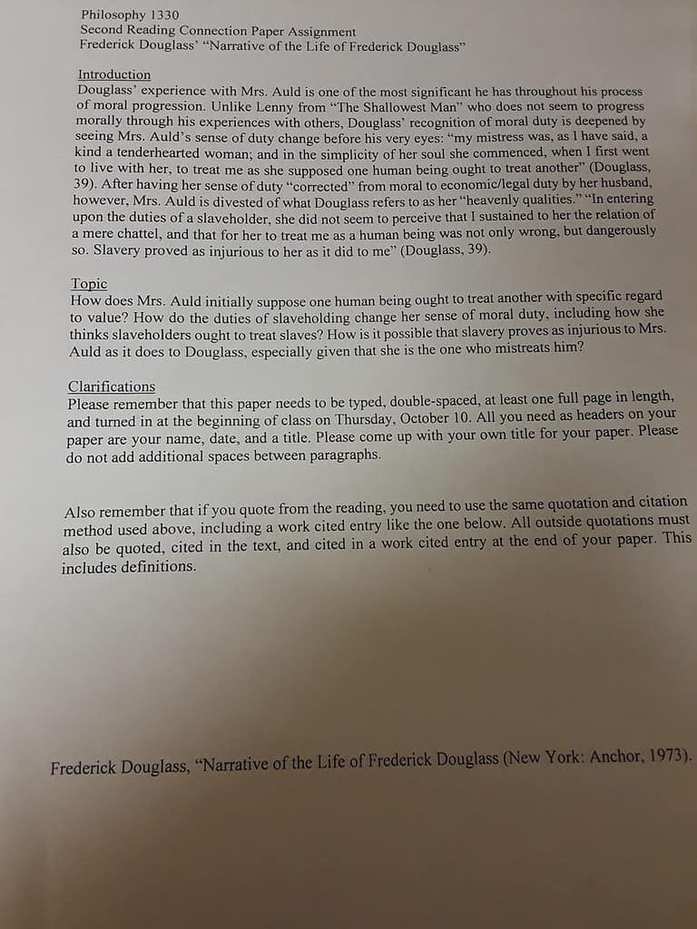 Write 1.5 page of Connection Paper Douglass experience with Mrs. Auld ...
