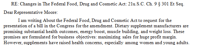 Write a one page single spaced letter addressed to a legislator, a U.S ...